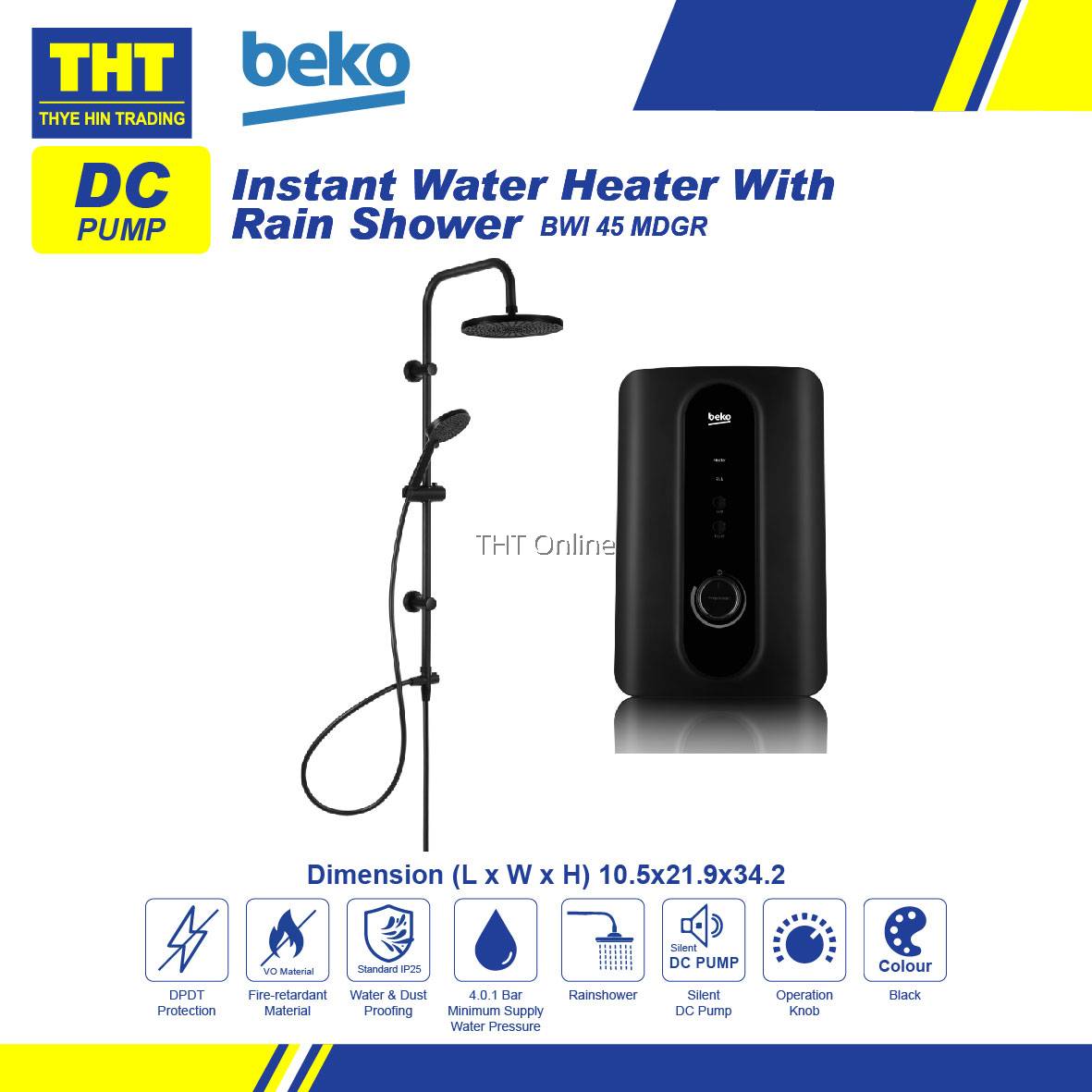 Beko DC PUMP Instant Water Heater With Rain Shower BWI 45 MDGR ( BLACK )