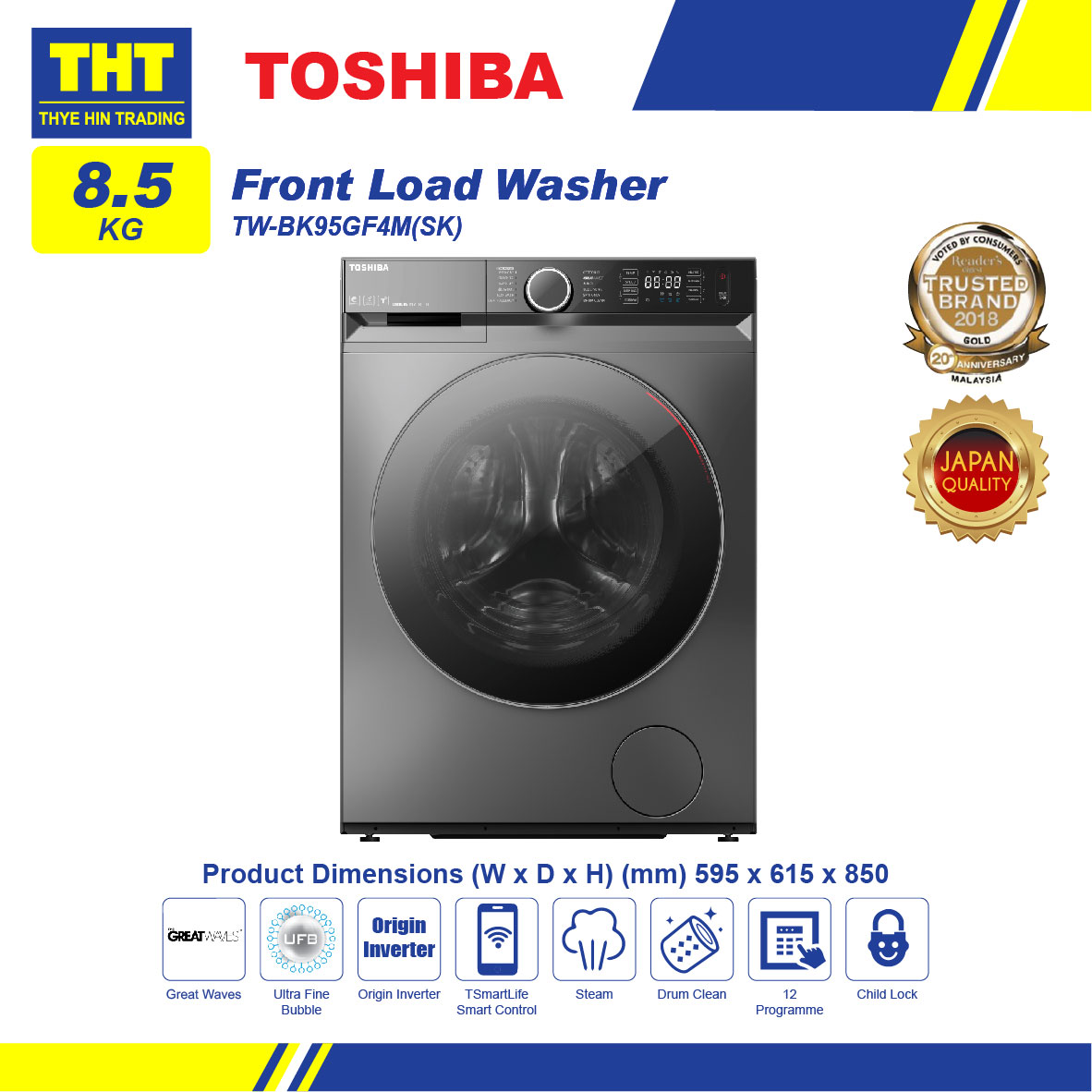 [ 8.5KG] Toshiba Inverter Front Load Washer TW-BK95GF4M(SK)